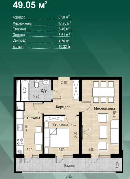 Рассрочка на 24 месяца 2 х комнатная квартира Яшнабадский р-н(119495)