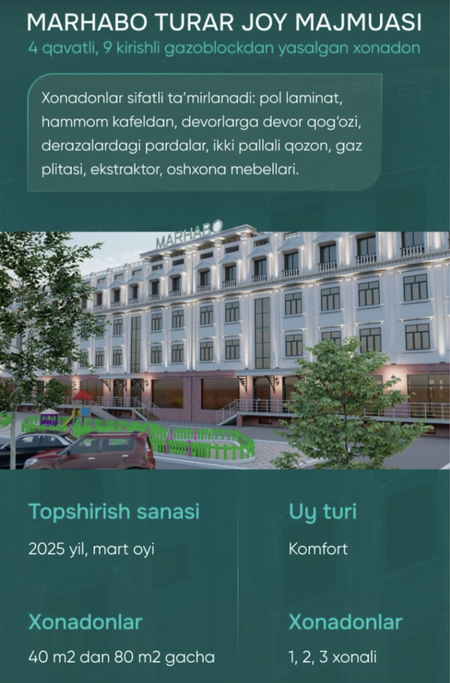 TJM Marxaboda 20% bosh tòlov qolgani 20 yillik ipateka xizmati mavjud