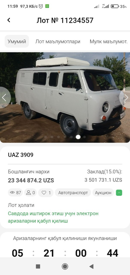 УАЗ 3909 auksion arqali satiladi