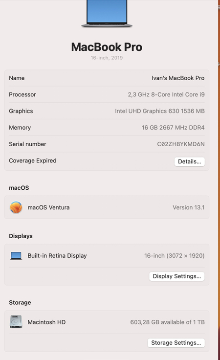 MacBook Pro 2019 16’’ core i9 1TB 16GB Touchbar
