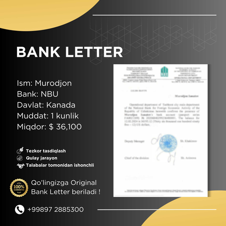 Chet elda o'qish uchun bir kunlik Bank letter xizmati
