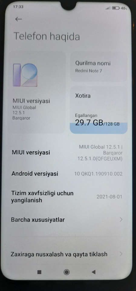 Redmi not7 sotiladi rangi qora xotirasi 128GB aybi yo'q holati ideal