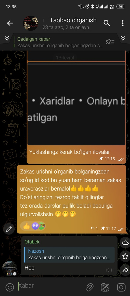 Taobao oʻrgataman bepul 20ta kantak qoʻshish evaziga