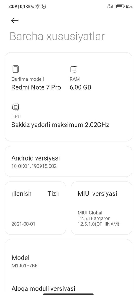 Redmi not 7 pro xotira 128 apearatika 6