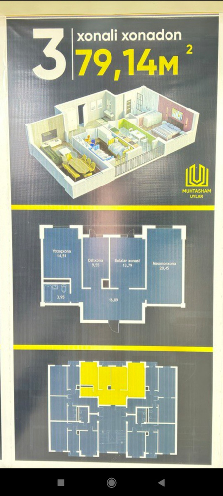 3-xonali 79.14 kv.m iborat.