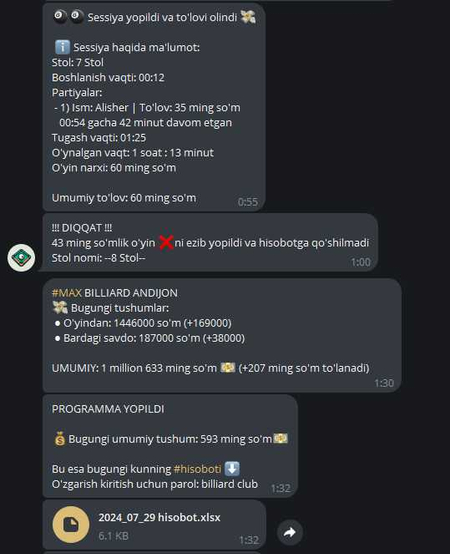 Billiard va tenis klub boshqaruvi uchun ajoyib programma