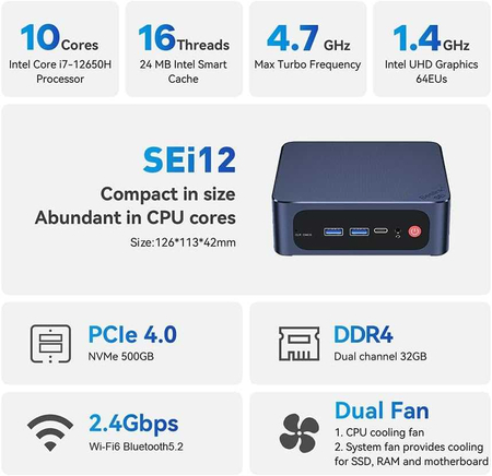 Мини Пк Mini PC Beelink SEi12 core i7-12650H 32Gb Ram 500Gb SSD