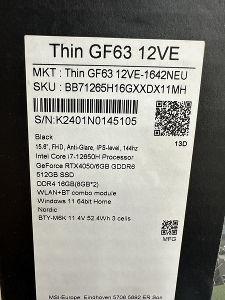Msi GF63 мощный игровой ноутбук i7 16/512 RTX4050-8 гб windows 11