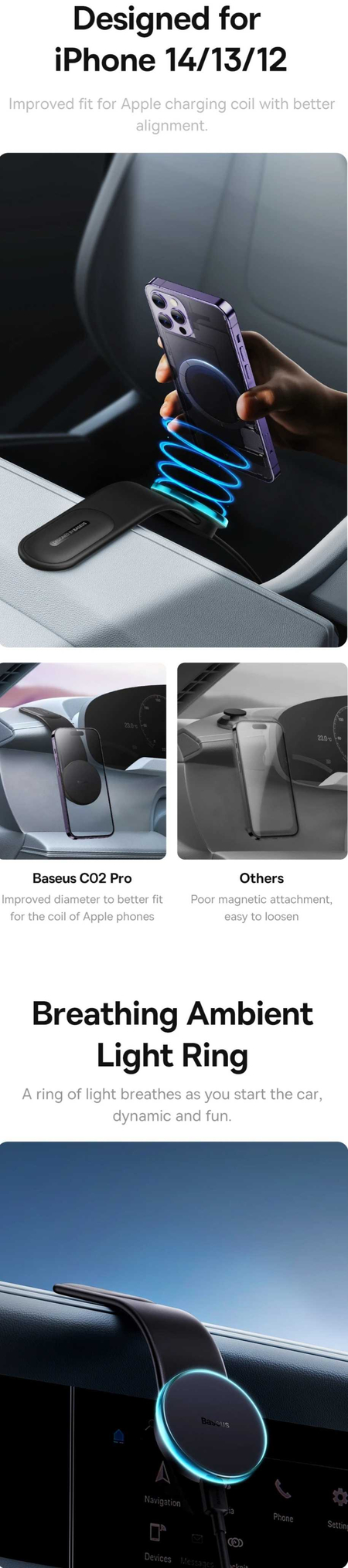 Baseus C02 Pro Магнитный Авто Держатель MagSafe 15W For iPhone 15