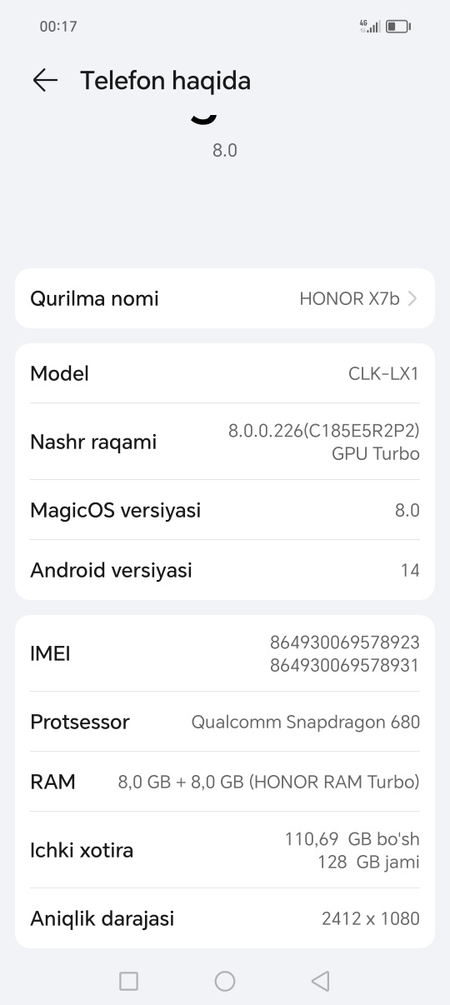 HONOR X7b 8+8/128