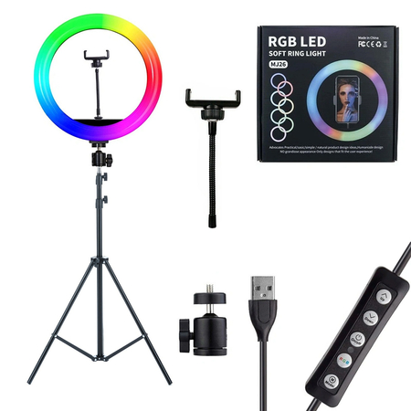 С Штативом Кольцевая селфи-лампа RGB LED MJ30 (мультиколор, 30см)