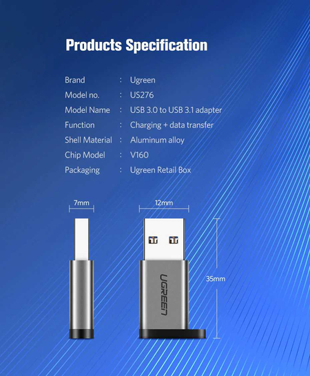 Переходник c  USB TYPE-C to USB TYPE-A USB 3.0  Бренд: Ugreen