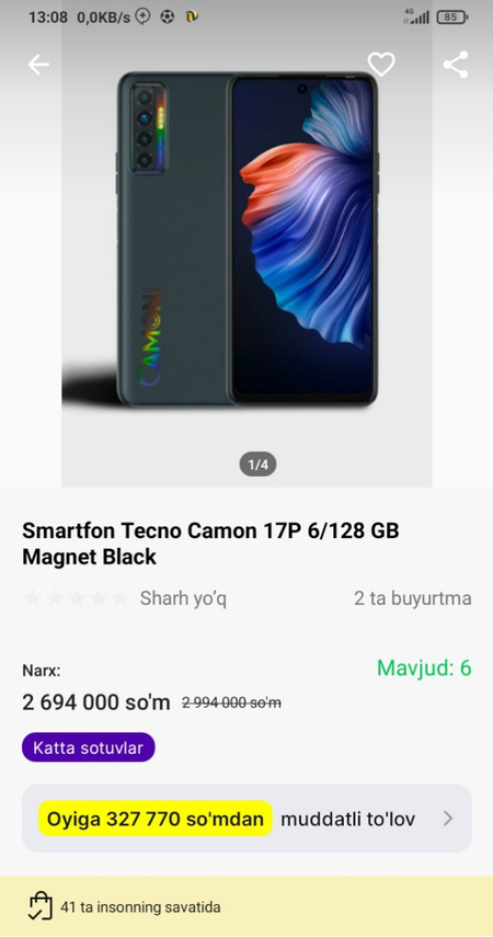 Tecno comon P17, xotira 6/128, tezkor quvvatlash, NFS bor. Kafolat 1 y