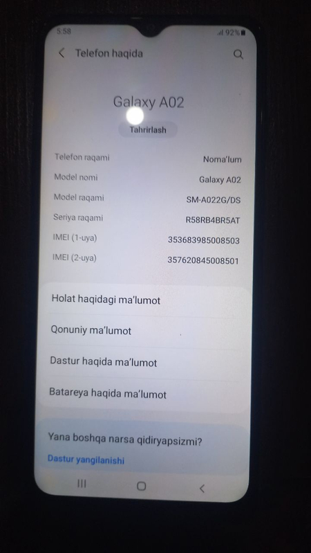 Samsung a02 hotira 32/3 idial sotiladi