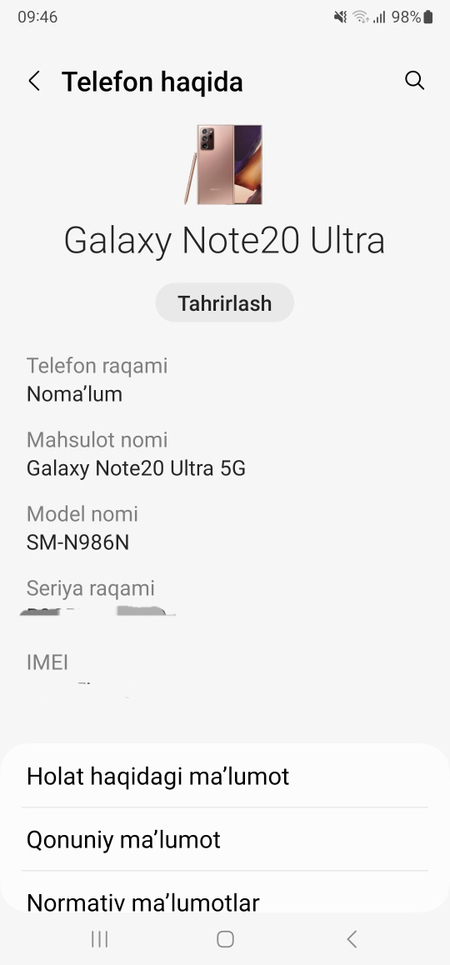 Galaxy Note20 Ultra 5g
Faqat naxtga bo'lib to'lash yuq
Holati i