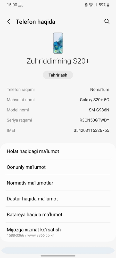 Samsung S20 plus 5G garantiyasi bor