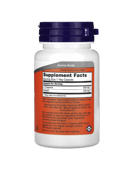NOW Foods, L-теанин, двойной концентрации, 200 мг, 60 капсул, theanine