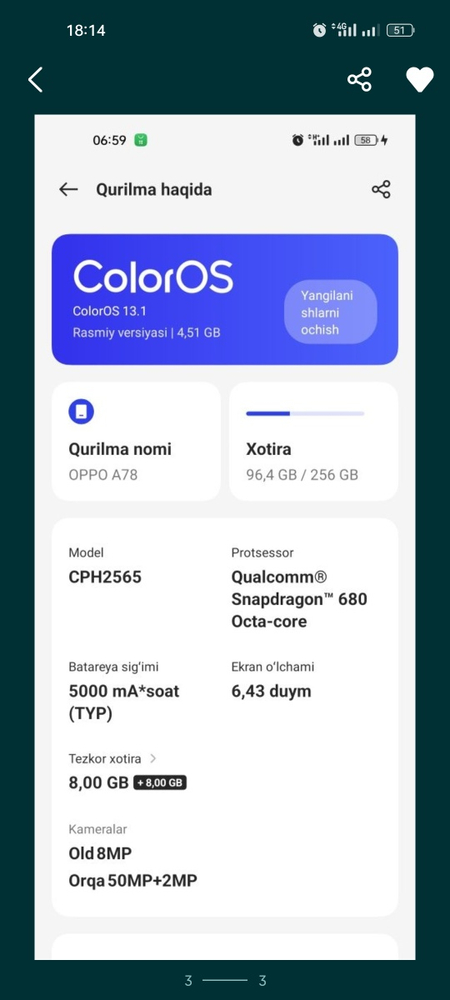 Oppo A78 8+8/256gb 5000AM