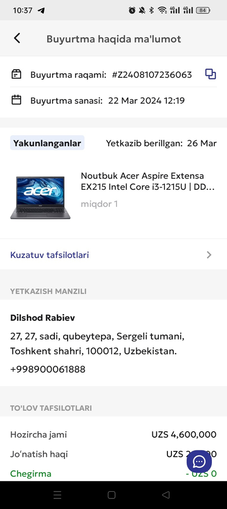 Acer noutbook holati yangi