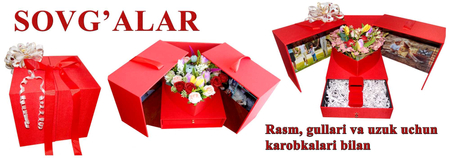 Sovg'alar: Rasm, gullari va uzuk uchun karobkalari bilan.