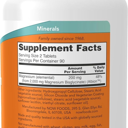 NOW Supplements, Глицинат магния 100 мг, хорошо усваиваемая форма, 180