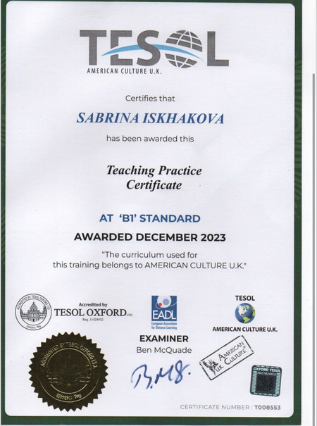 TESOL sertifikatiga ega ingliz tili o’qituvchisi