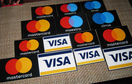 Наклейки VISA, MasterCard, Maestro, Cirrus. Двусторонние. Made in USA