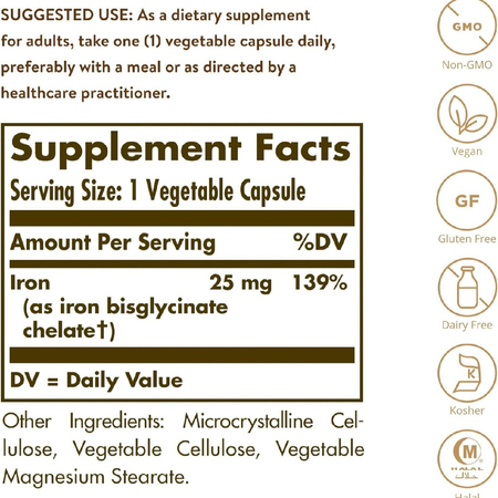 Solgar Gentle Iron 25 мг, 90 растительных капсул — энергия, нормальное