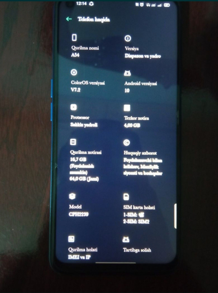 Oppo A54 xotirasi 64 gb