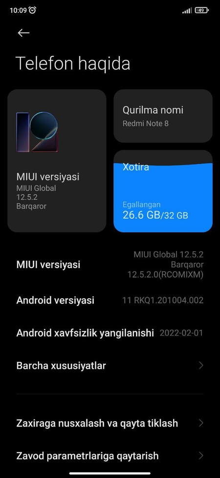 Redmi not 8  Xotira 33 gb