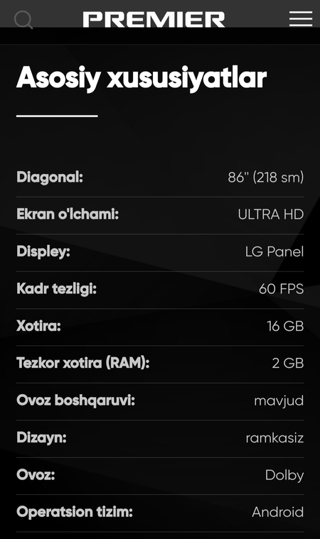 Premier 65 diaganal Tvi 4K ULTRA HD