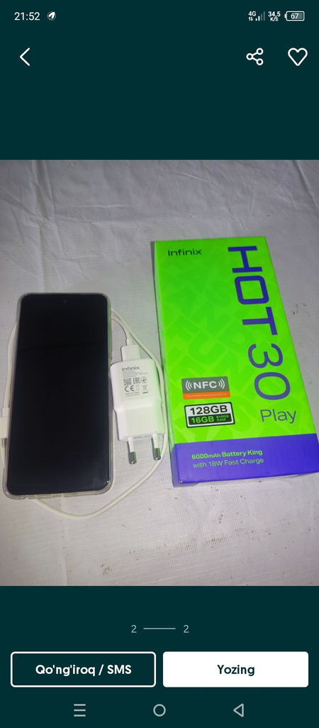 Infinix hot30 play 16/128 gb xotira
