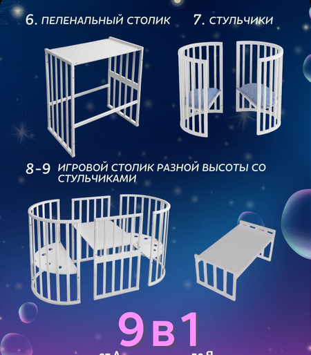 Многофункциональная детская кроватка-трансформер «9 в 1» белый.