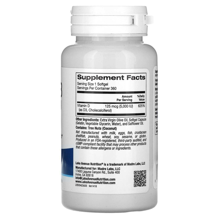 Витамин D3, 5000 МЕ, Lake Avenue Nutrition, 360 капсул
