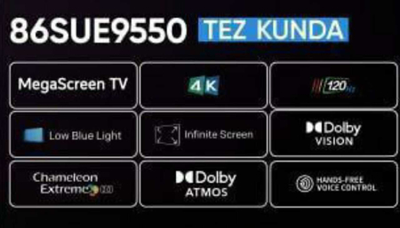 Tilvizor 86SUE9550 UHD 120Hr yetkaziberish hizmatimiz  mavjud.