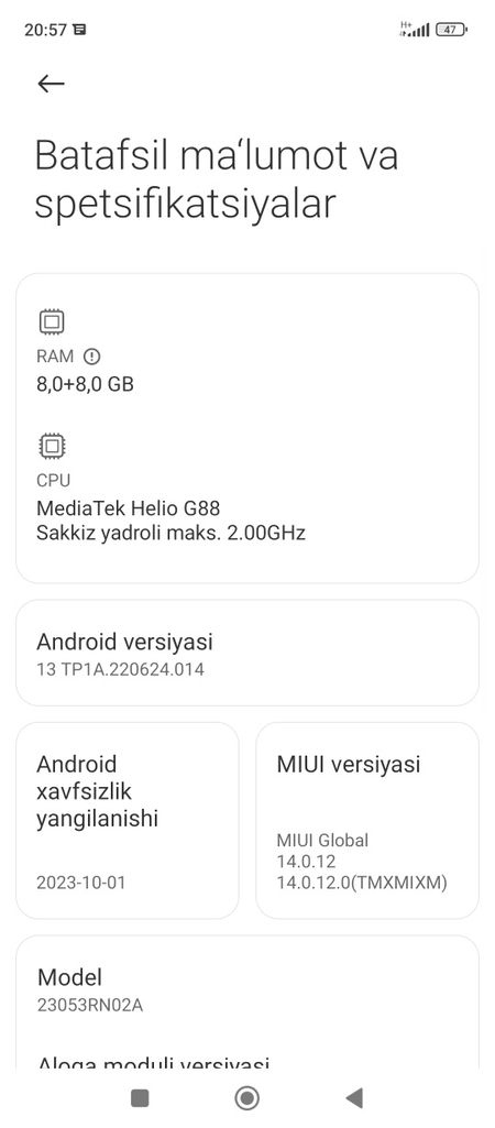 Redmi 12.Xotira256/8 karopka dakoment