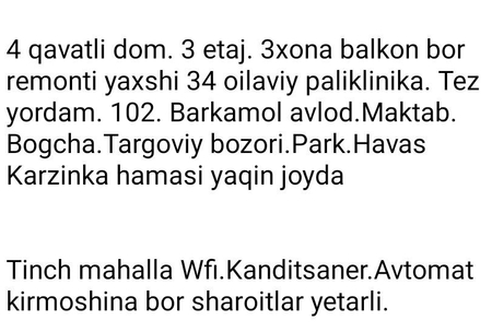 3 xonali kvartira sotiladi