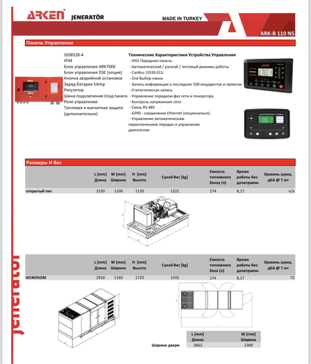 Генератор ARKEN 110KVA (88кВт)
