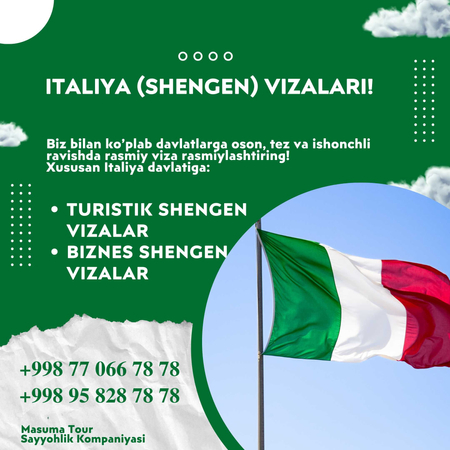 Italiyaga (Shengen)viza olishda yordam beramiz! Tez,Ishonchli,Sifatli!