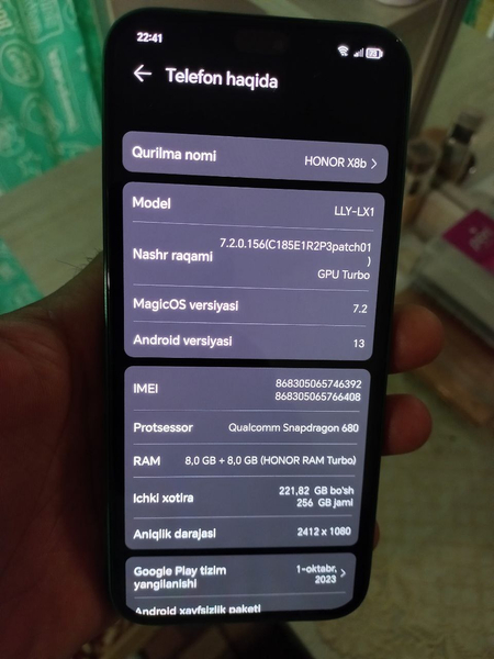 honor x 8 b obmem yoki sotiladi 8 ga 256 talik yap yangiv1 kun buldi