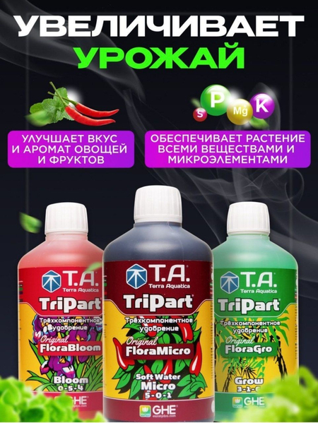 Terra Aquatica (GHE) Набор удобрений TriPart Grow+Bloom+Micro SW 3х0,5