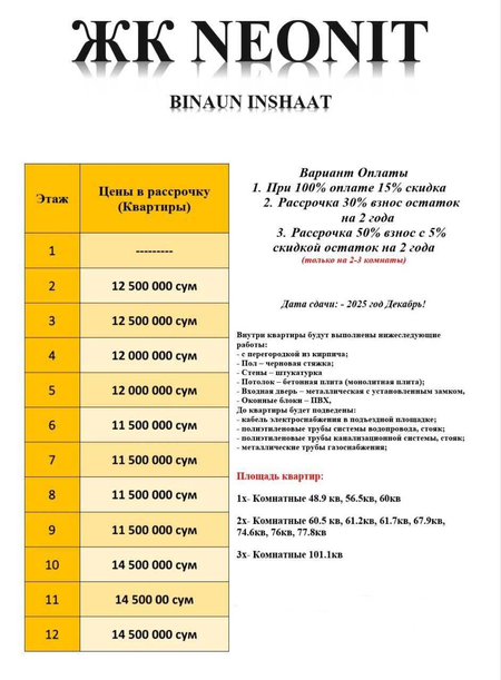 Продается 3х ком 101.3 м2 в Мирабадском р-не ор-р ЖК Greenwich
