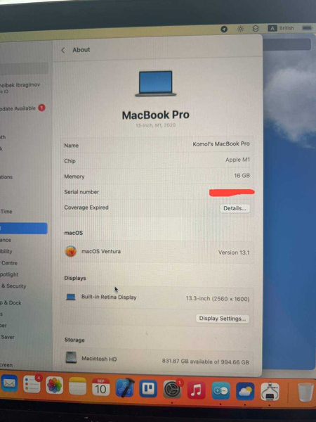 Продам свой MacBook Pro, 16GB RAM, m1 chip, 1 TB ssd,  2020