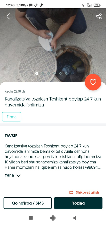 Kanalzatsa tozalash xamyon bob Tez