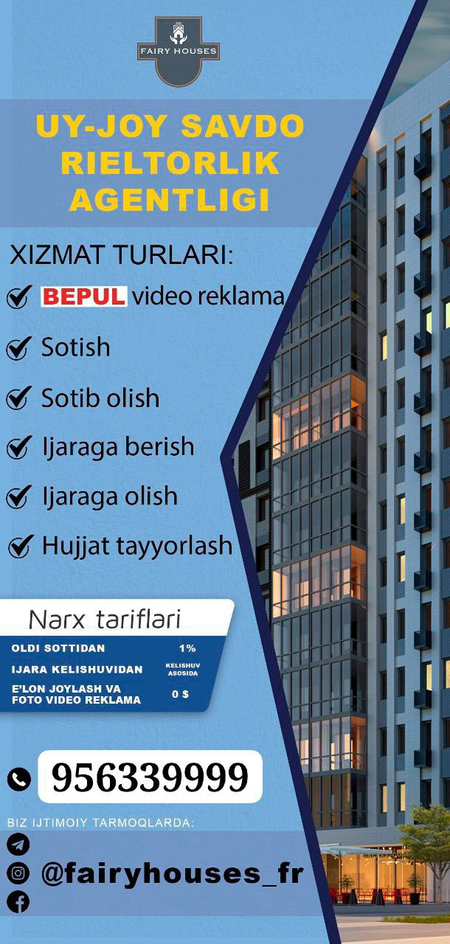 2 хоналик 20 000 $ Уй жой савдо агентлиги олувчидан 0%