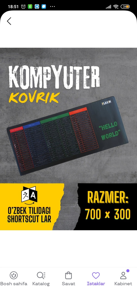 Word, Excel shortscutlari yozilgan o'zbek tilidagi kompyuter kovrik