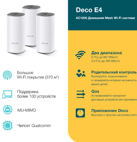 TP-Link Deco E4 3-pack AC1200 Домашняя Mesh WiFi система роутер router