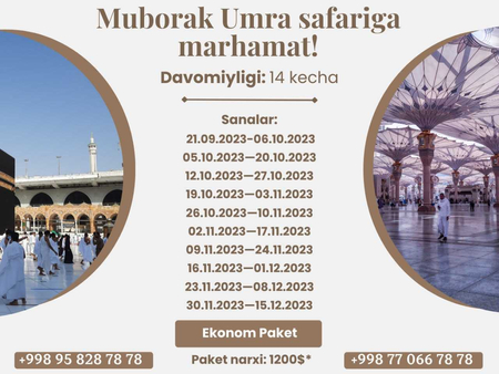 Umra safariga marhamat! Ekonom paket! Sentyabr, Oktyabr, Noyabr!