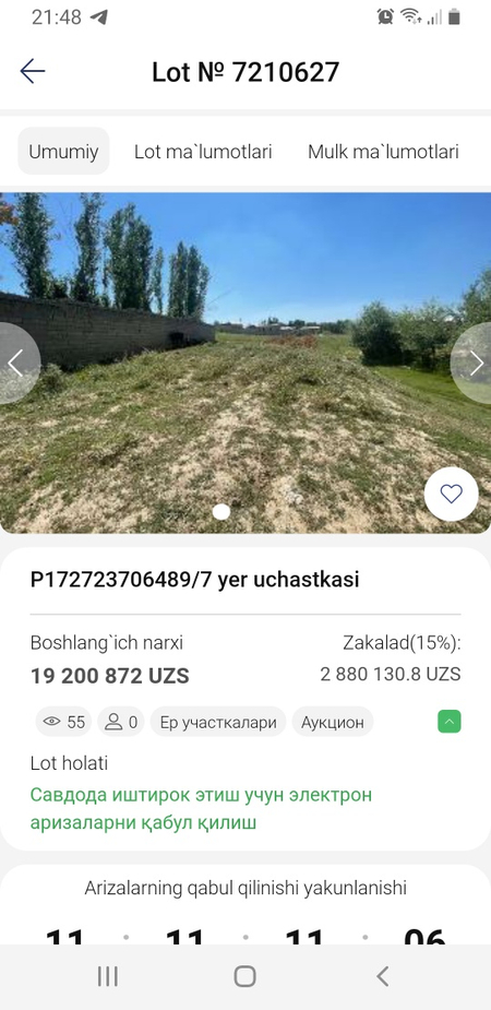 Назарбек Текстилда, 471 автобусни охири Бузсувни буйида 12 сотих