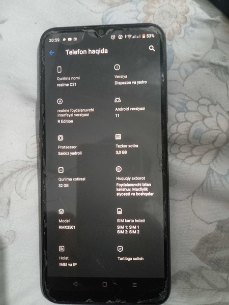 Realme c31 xotirasi 32 GB